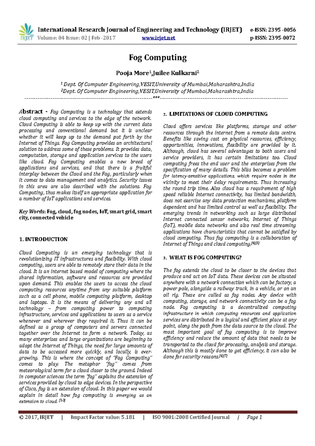 Fog computing pdf - abc - International Research Journal of Engineering and Technology (IRJET ...