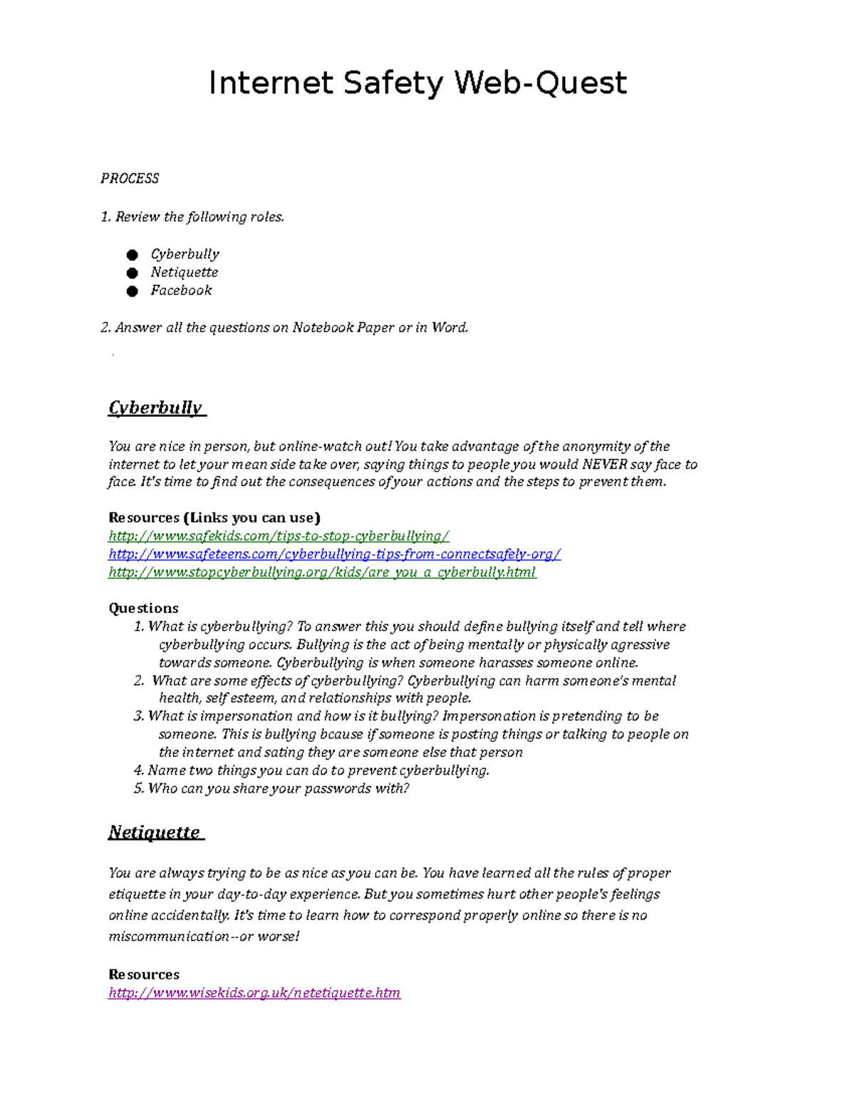 Internet Safety Web Quest - Internet Safety Web-Quest PROCESS Review ...