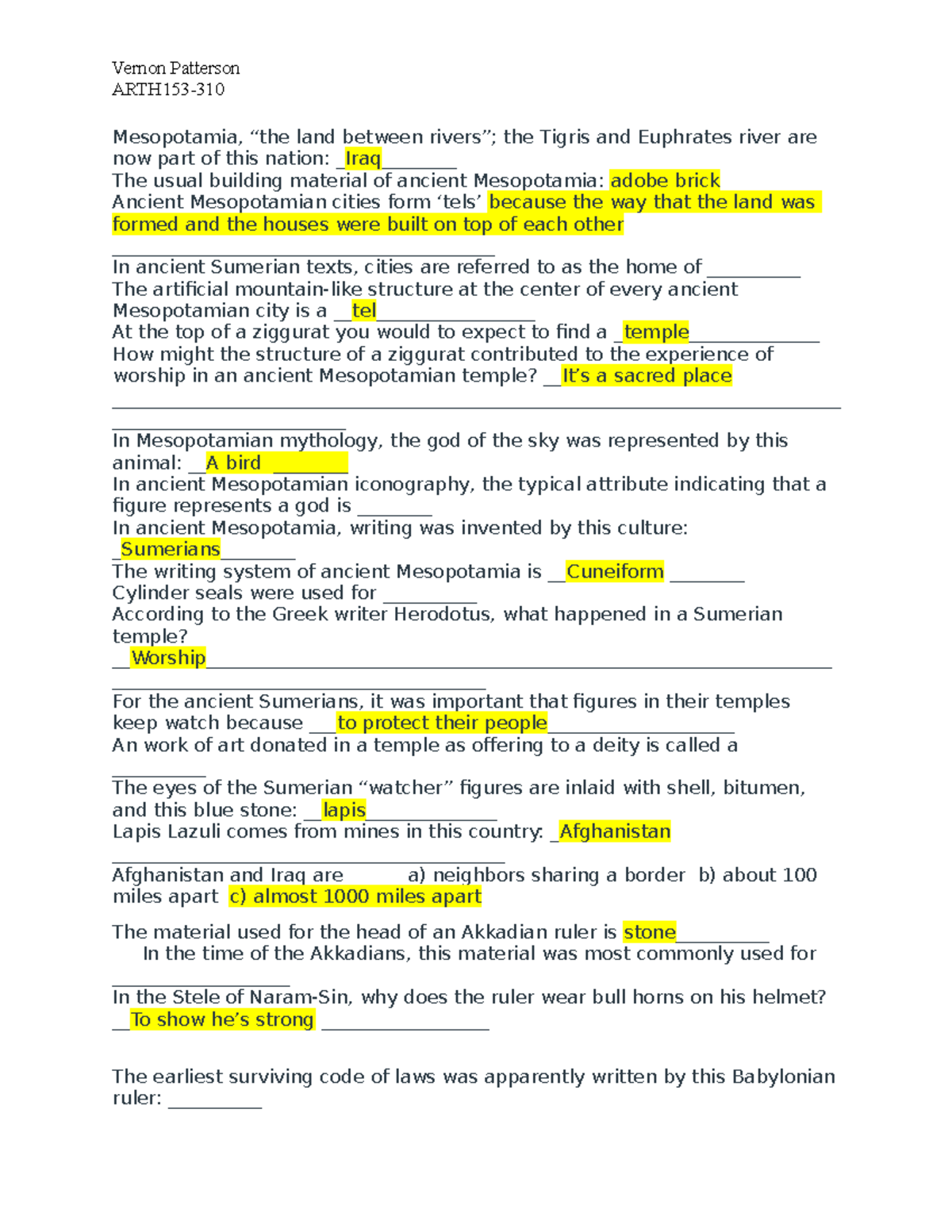Art History Anicent Near East Quiz - Vernon Patterson ARTH153 ...