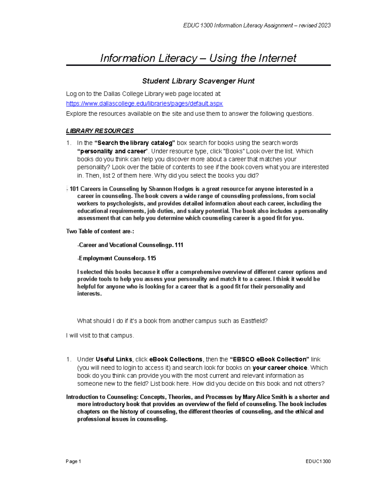 Library Scavenger Hunt revised 2023 - Information Literacy – Using the ...