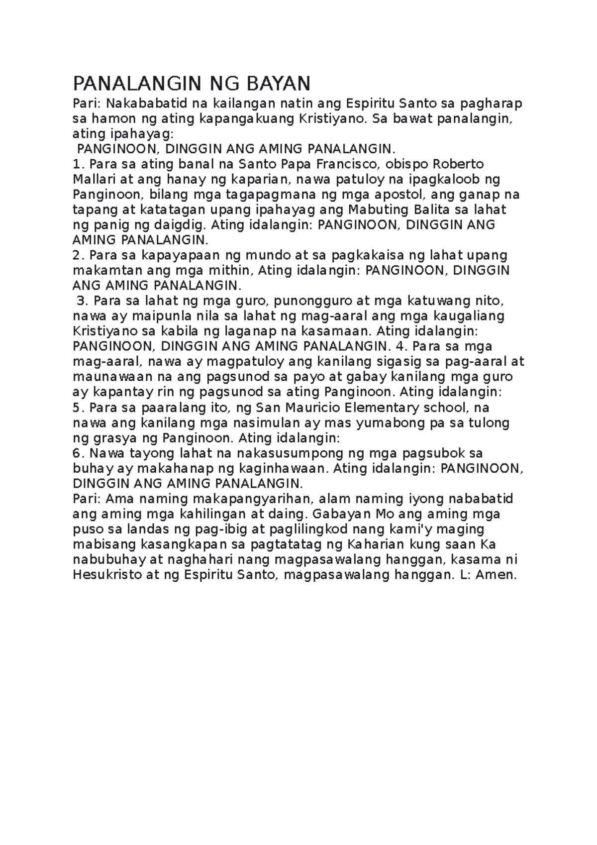 Panalangin NG BAYAN - PANALANGIN NG BAYAN Pari: Nakababatid na ...