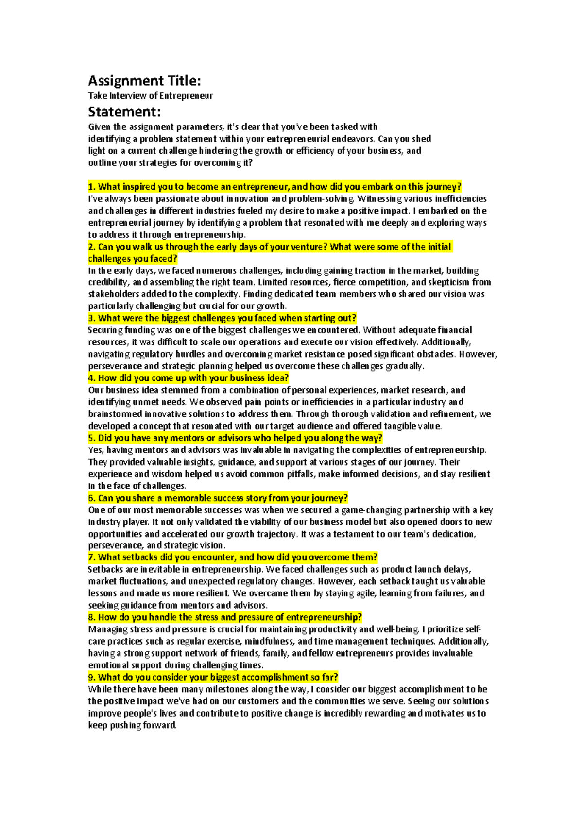 E-shi assignment - entreprenureship - Assignment Title: Take Interview of Entrepreneur Statement ...