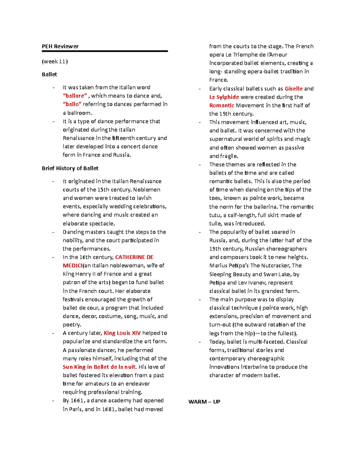 PEH- Ballet - PEH Reviewer (week 11) Ballet It was taken from the ...