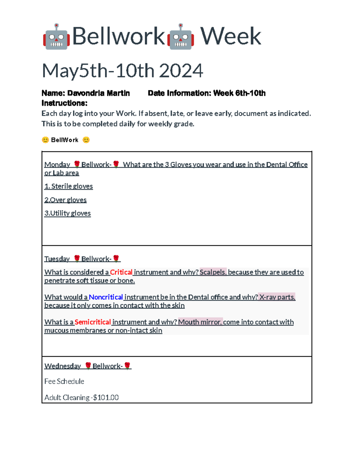 Copy of 2024 Ehrman Dental Bellwork Template - 🤖Bellwork🤖 Week May5th ...