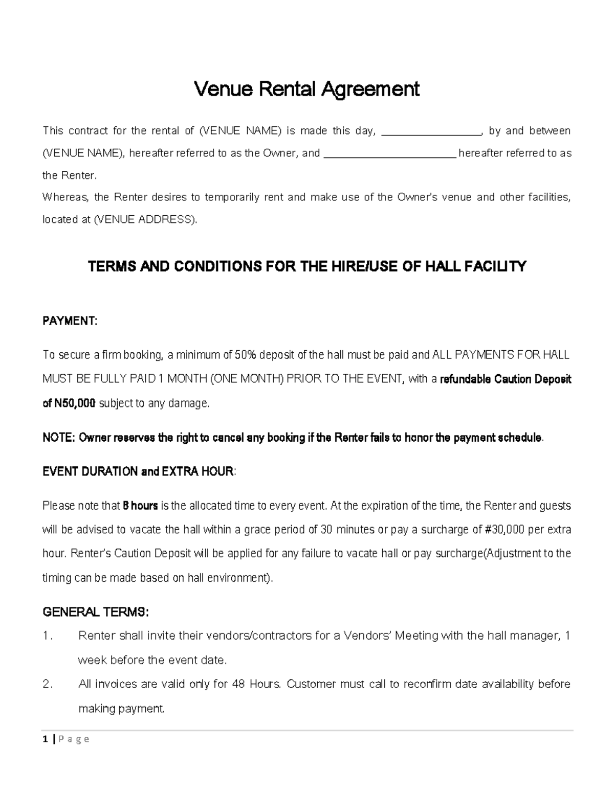 Venue Rental Agreement - 1 | P a g e Venue Rental Agreement This ...