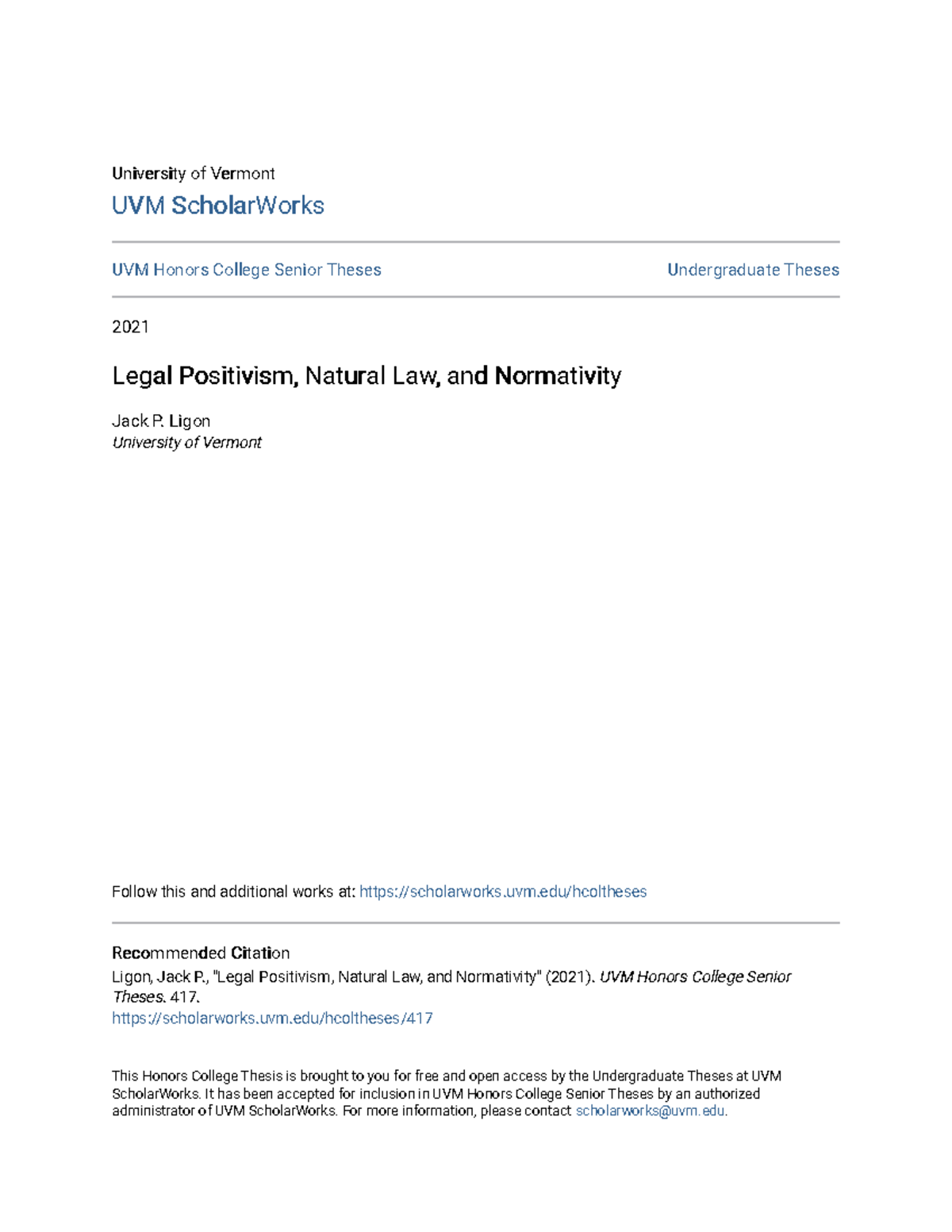 Legal Positivism Natural Law and Normativity - Ligon University of ...