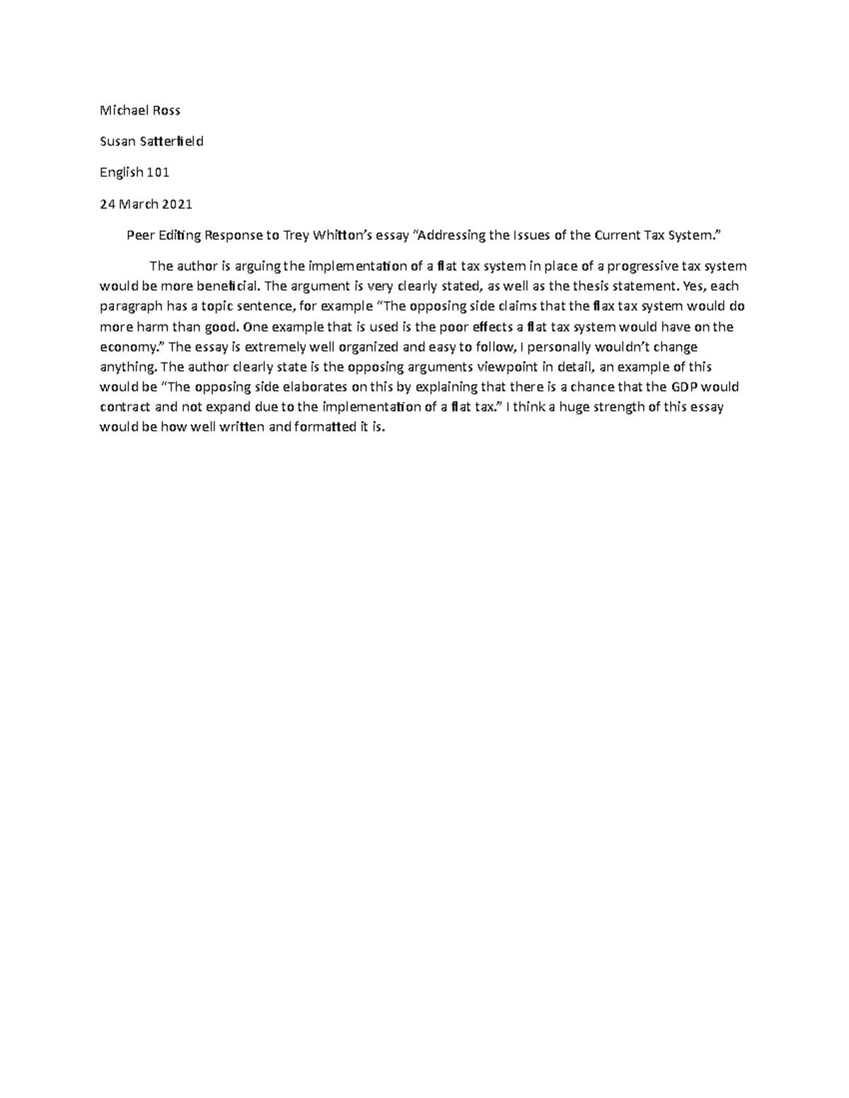Peer editing Essay 3 - Peer Edit - Michael Ross Susan Satterfield ...