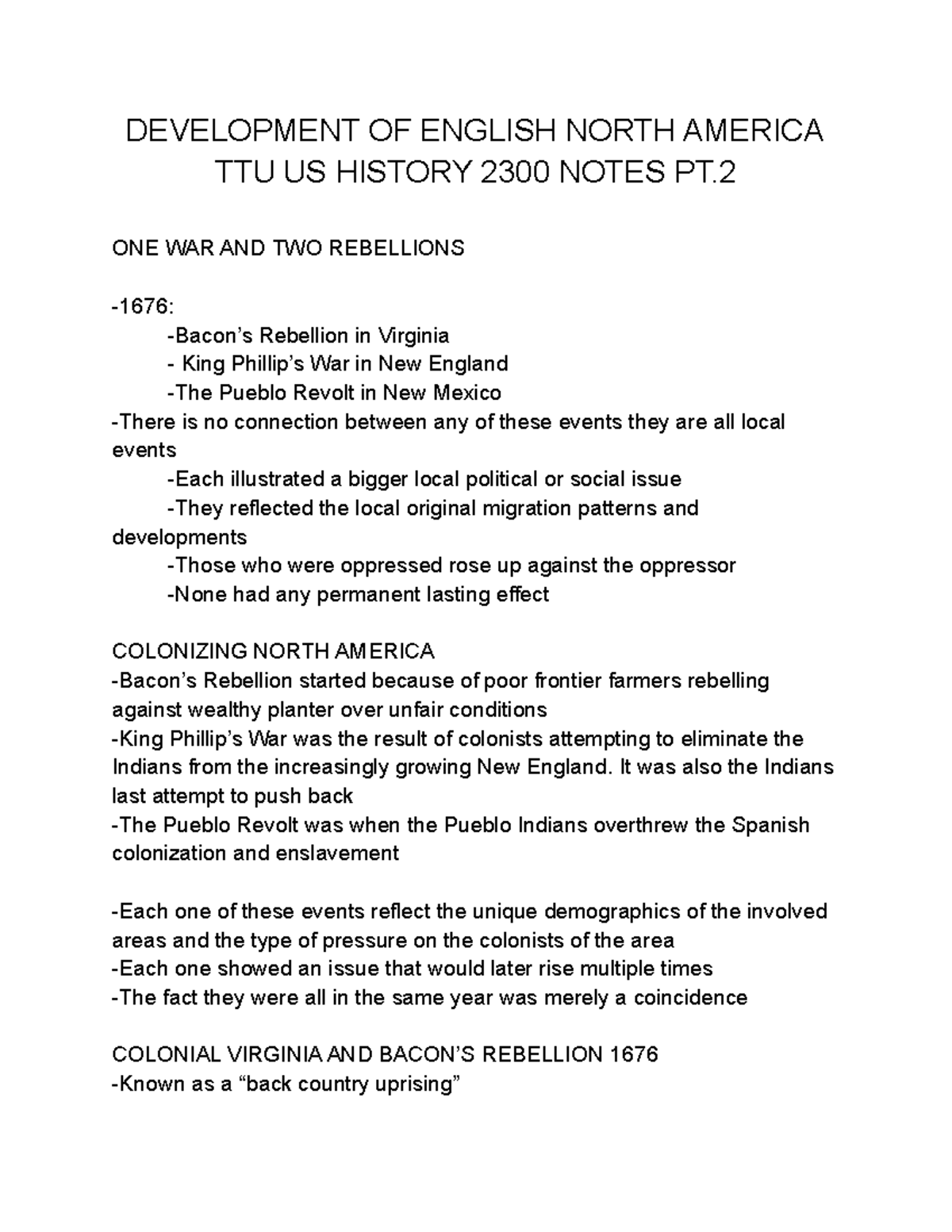 TTU US History 2300 PT - Lecture notes 2 - DEVELOPMENT OF ENGLISH NORTH ...