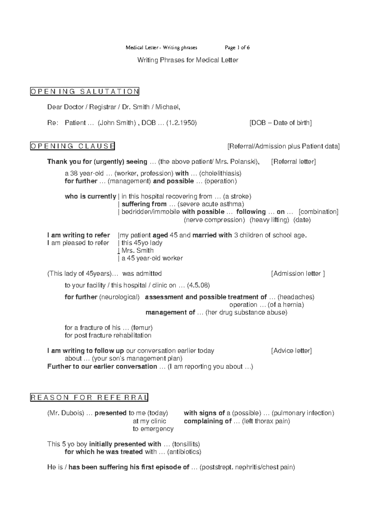 Writing notes - Writing Phrases for Medical Letter O P E N I N G S A L ...
