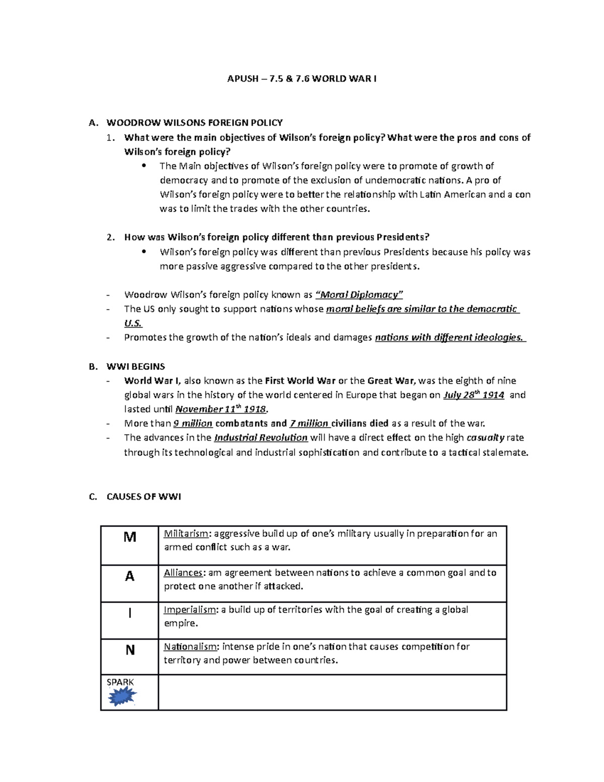 Apush 7.5 7.6 WWI Guided Notes C - APUSH – 7 & 7 WORLD WAR I A. WOODROW ...