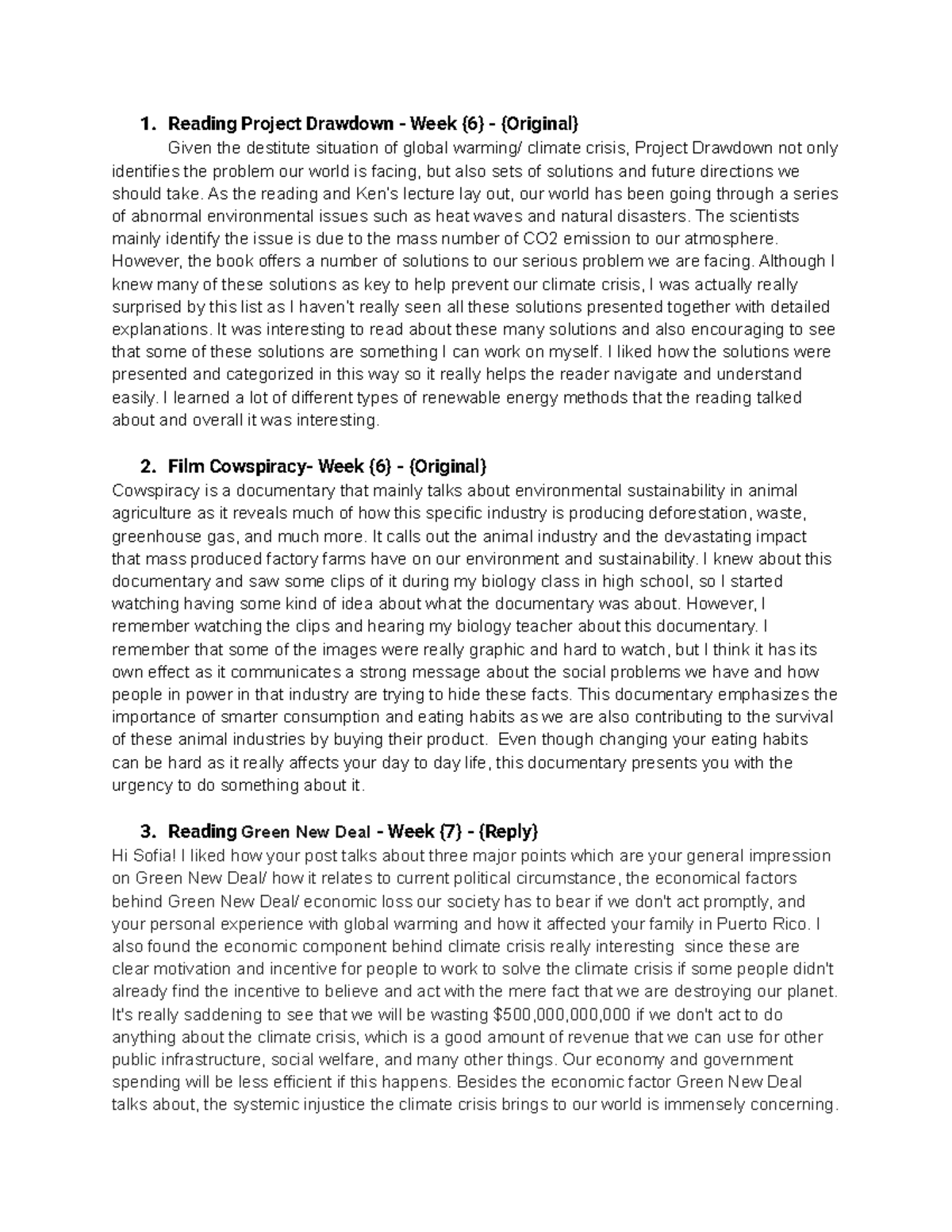 Weekly comment Pt - Prof. Hitlner - 1. Reading Project Drawdown - Week ...