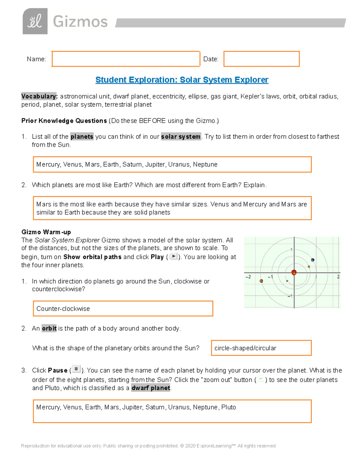 Copy of Solar System Explorer SE - Name: Date: Student Exploration ...