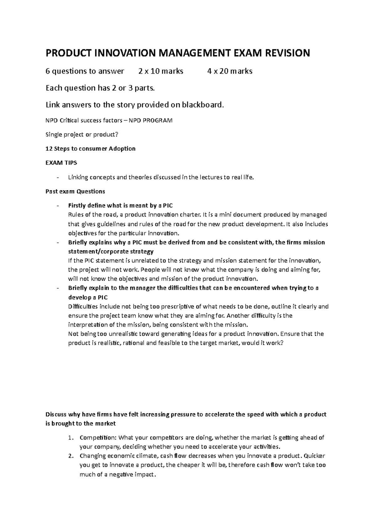 Product Innovation Management Exam Revision - Summary - lectures 1 - 12 ...