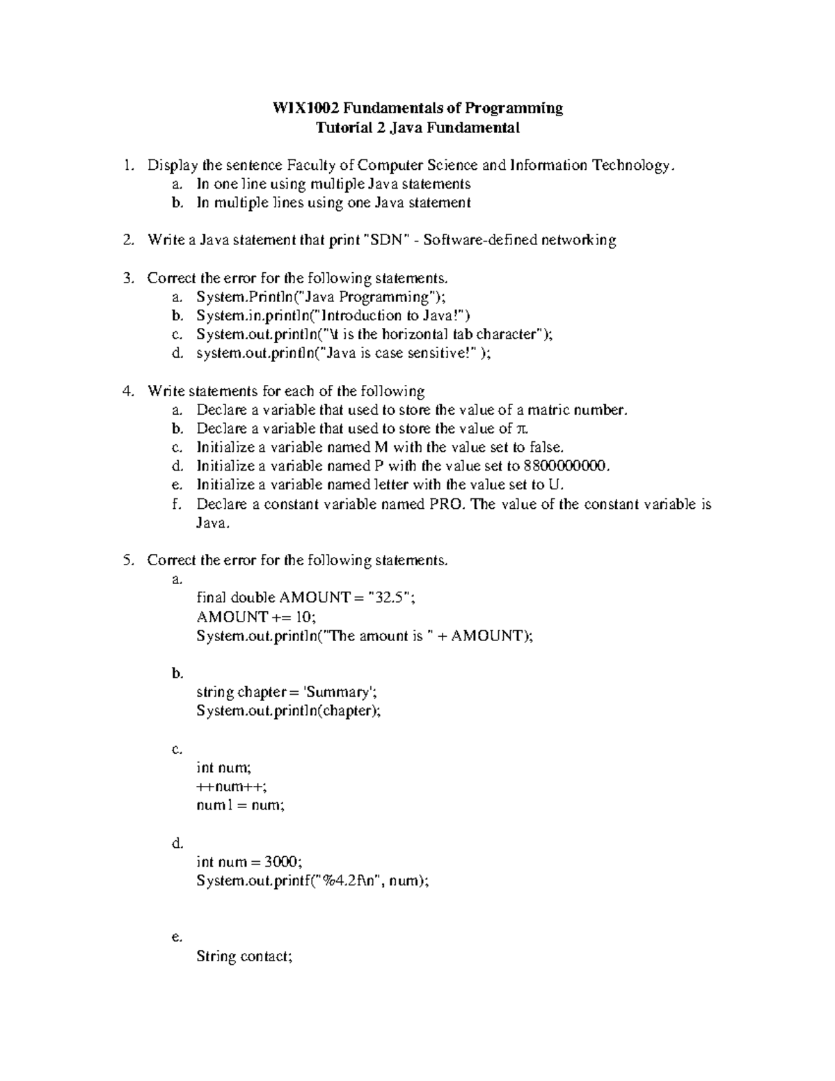 T-1002-02 - fundamentals of programming in java - WIX1002 Fundamentals of Programming Tutorial 2 ...
