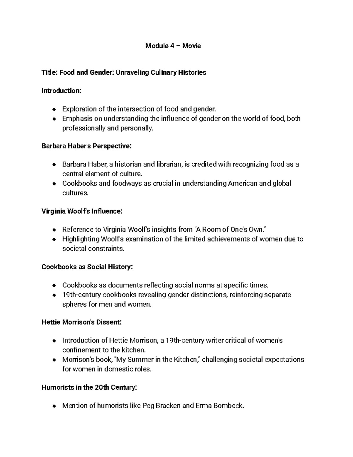Module 4 – Movie - notes - Module 4 – Movie Title: Food and Gender ...