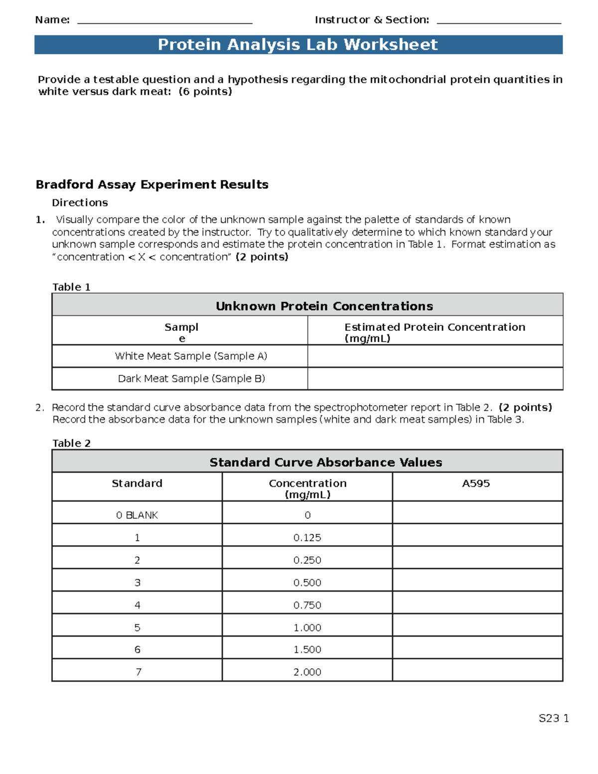 S23 Protein Analysis Worksheet - Provide a testable question and a ...