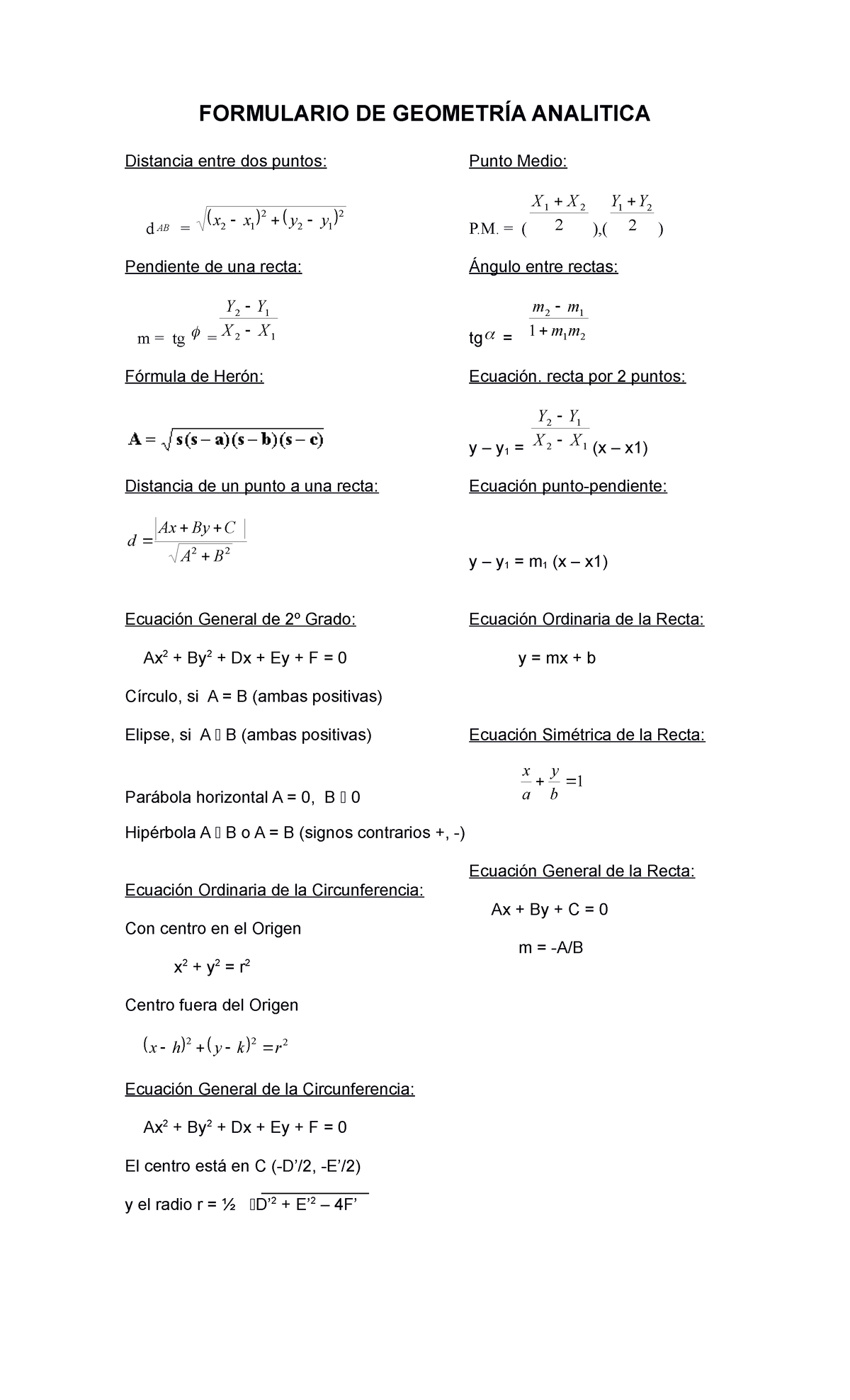 Formulario DE Geometria Analitica - FORMULARIO DE GEOMETRÍA ANALITICA ...