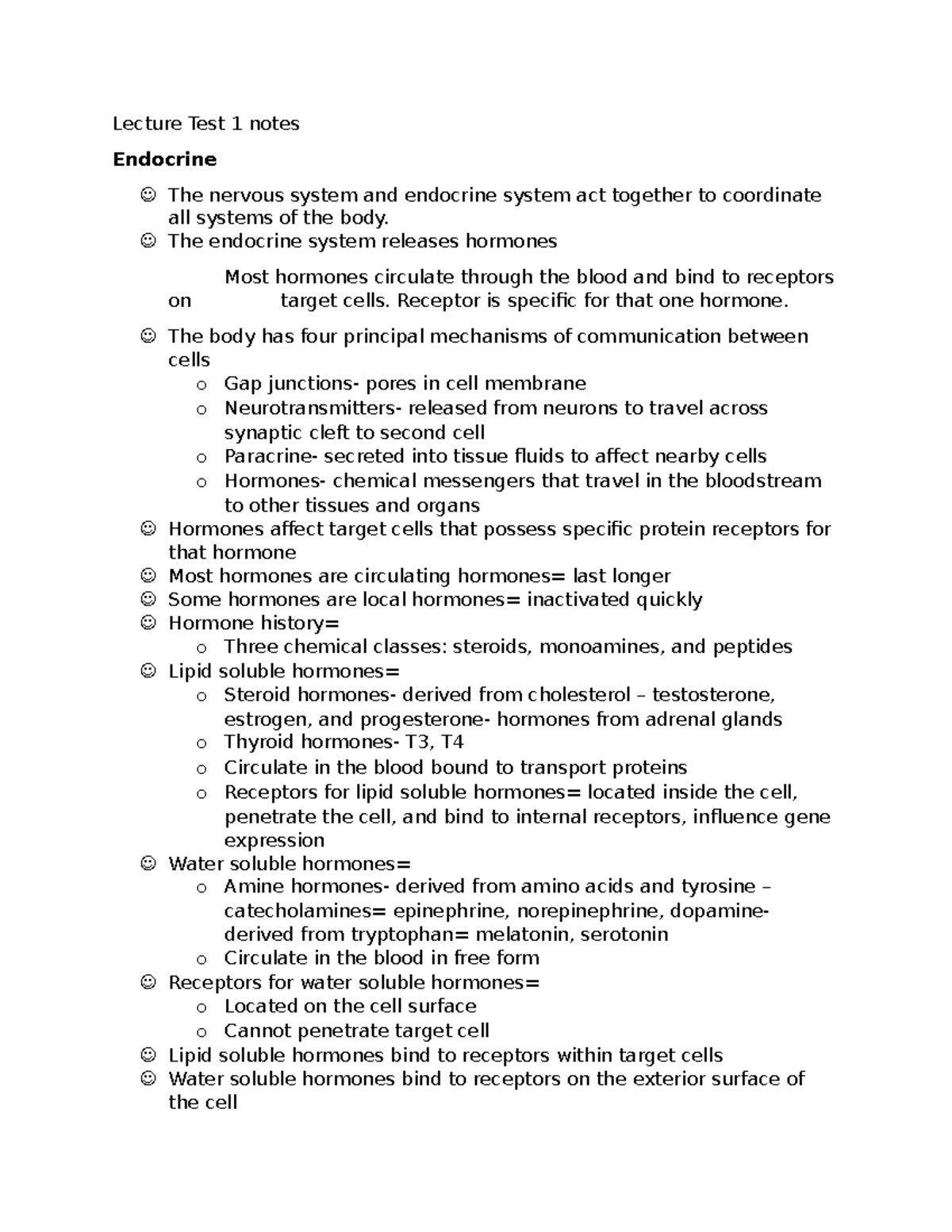 Lecture test 1 study guide - Lecture Test 1 notes Endocrine The nervous ...