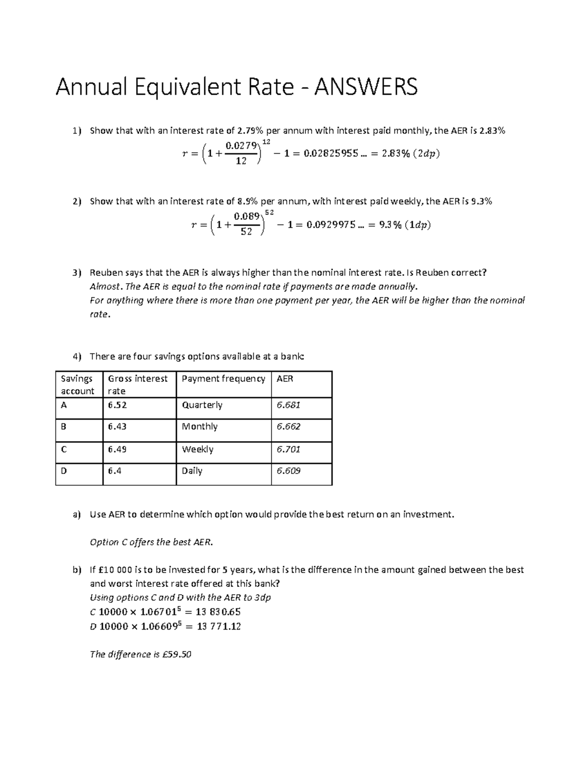 Worksheet annual equivalent rate answers - Annual Equivalent Rate ...