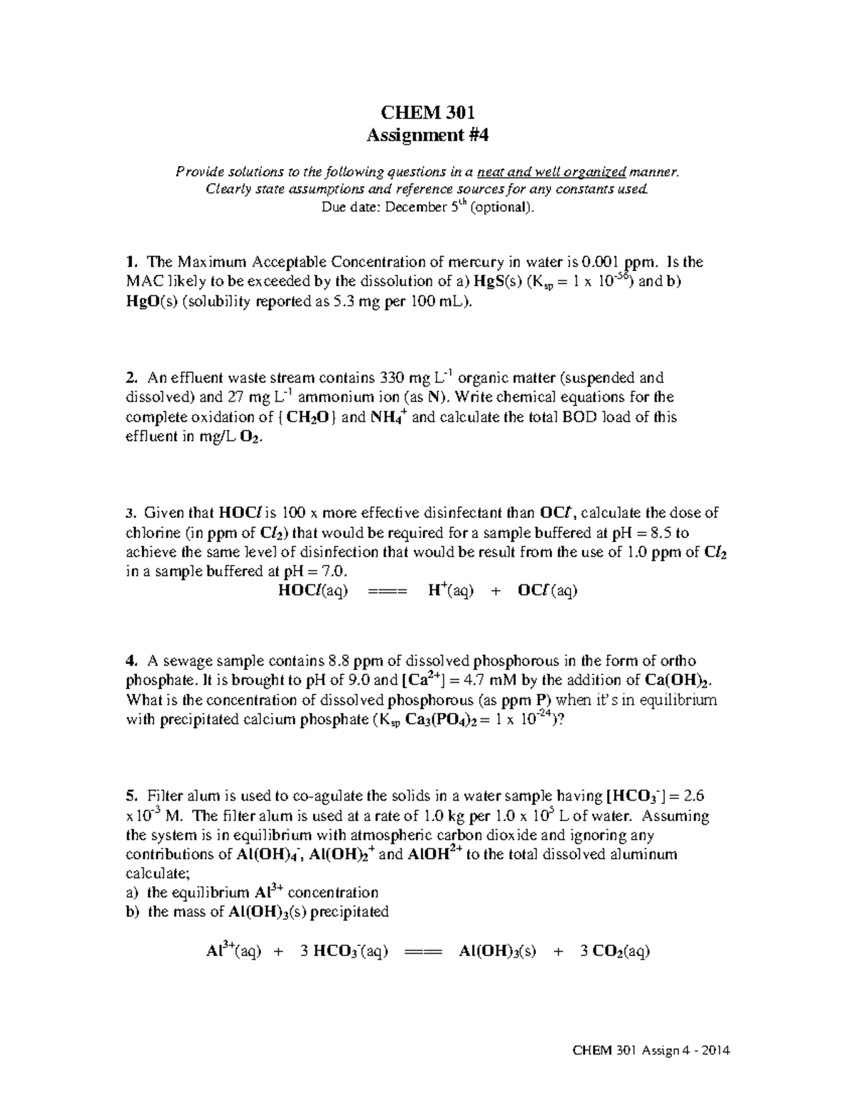 Assign 4 2014 - CHEM 301 Assign 4 - 2014 CHEM 301 Assignment Provide ...
