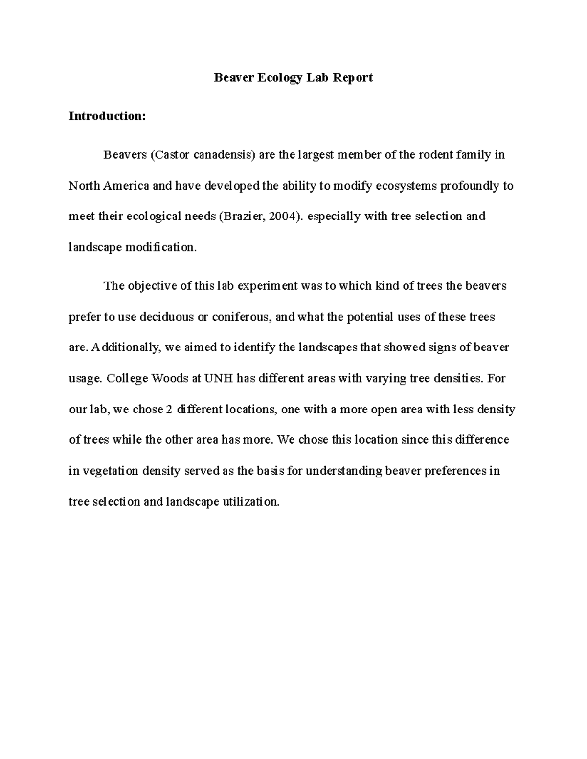 Beaver Wildlife Ecology Lab Report - Beaver Ecology Lab Report ...