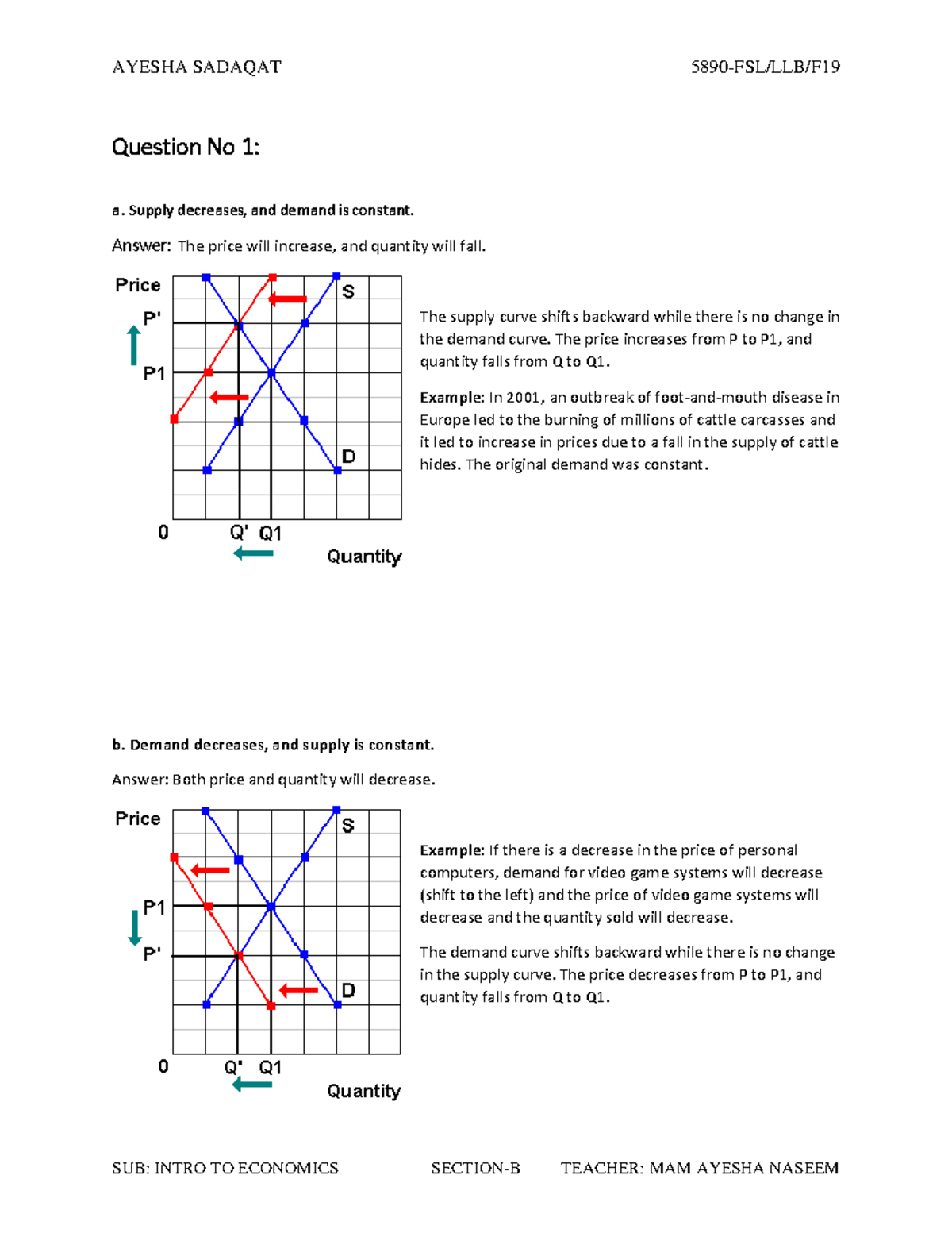 Economics chapter 1 - Question No 1 : a. Supply decreases, and demand ...