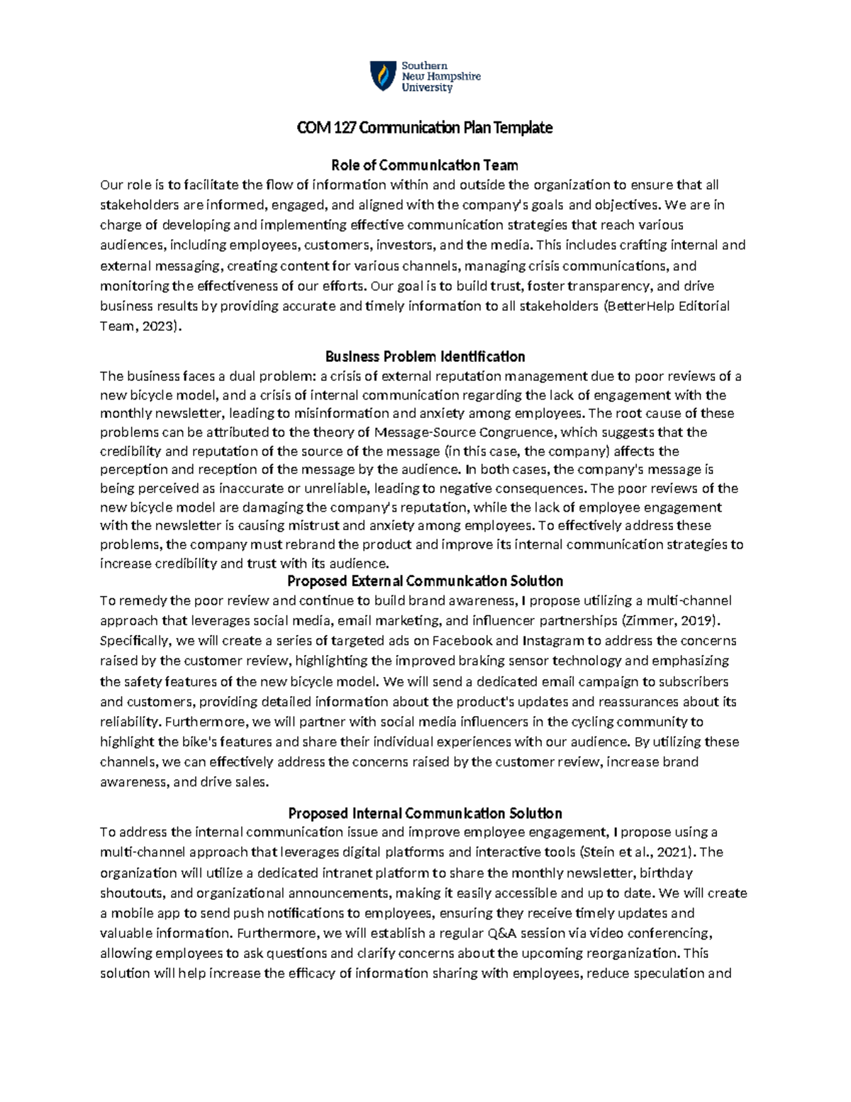 5-3 Milestone Two Submission Communication Plan - COM 127 Communication ...