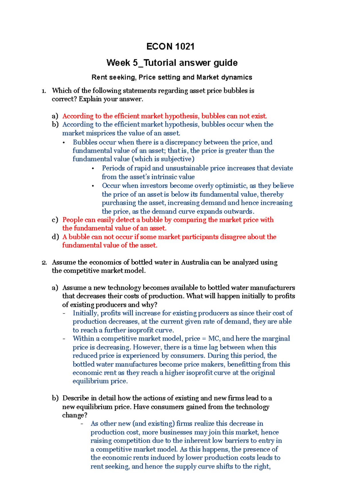 1021 tutorial week 5 - ECON 1021 Week 5_Tutorial answer guide Rent seeking, Price setting and ...