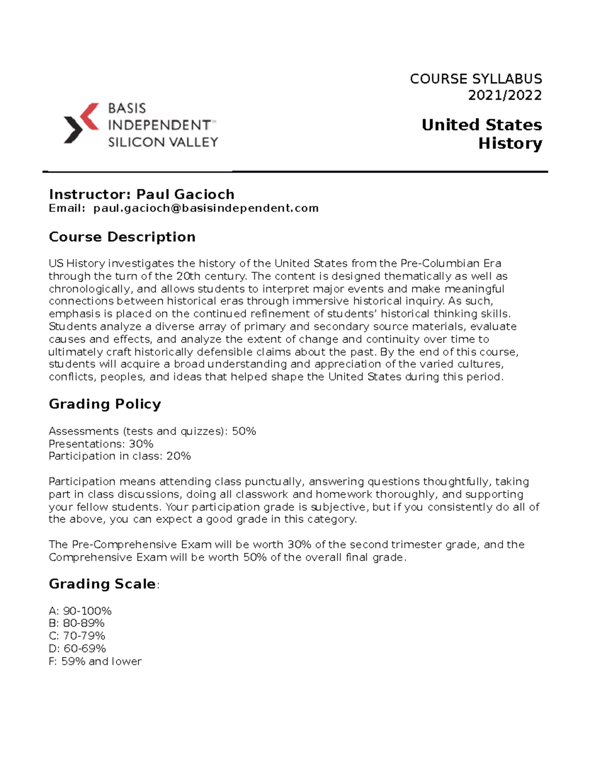 US History - Gacioch USHistory Syllabus - COURSE SYLLABUS 2021/ United ...