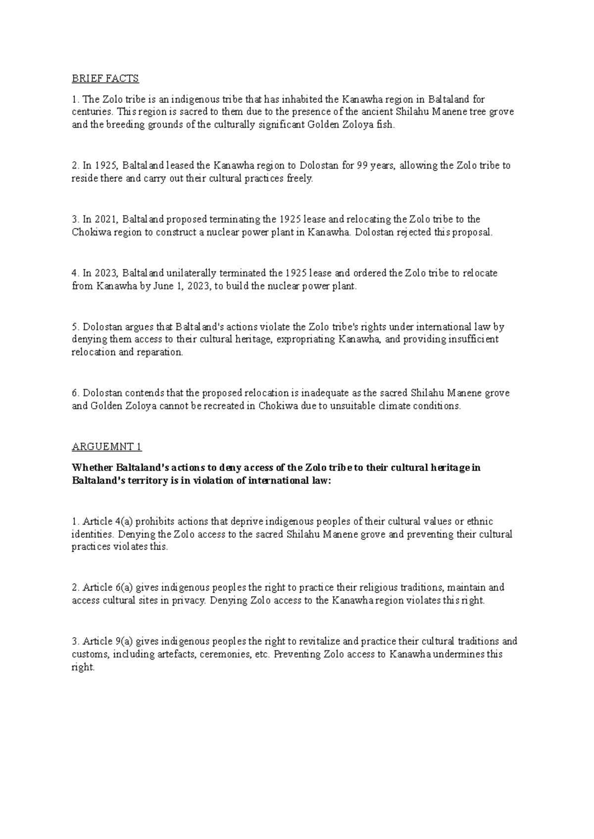 Dharsan moot - thank you - BRIEF FACTS The Zolo tribe is an indigenous ...