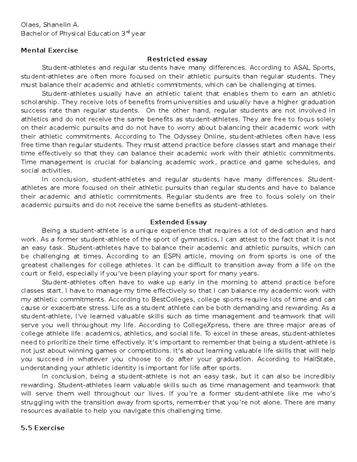Chapter 5 final - exercise - Olaes, Shanelin A. Bachelor of Physical Education 3rd year Mental ...