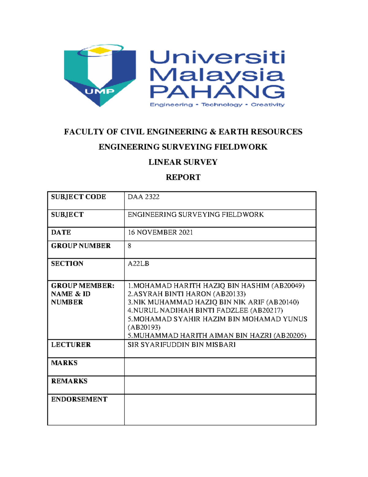Eng survey fieldwork Linear Survey Report - FACULTY OF CIVIL ...