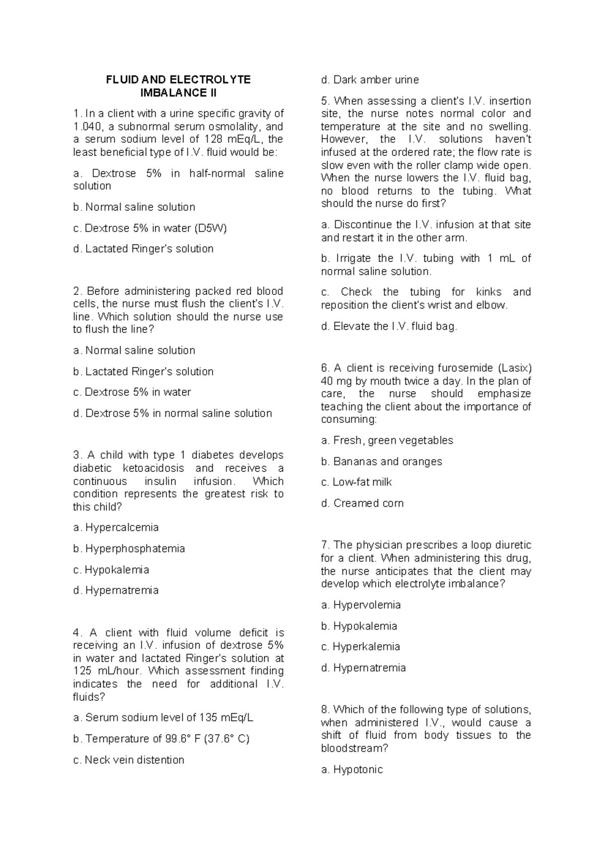 Fluid AND Electrolyte Imbalance II - FLUID AND ELECTROLYTE IMBALANCE II ...