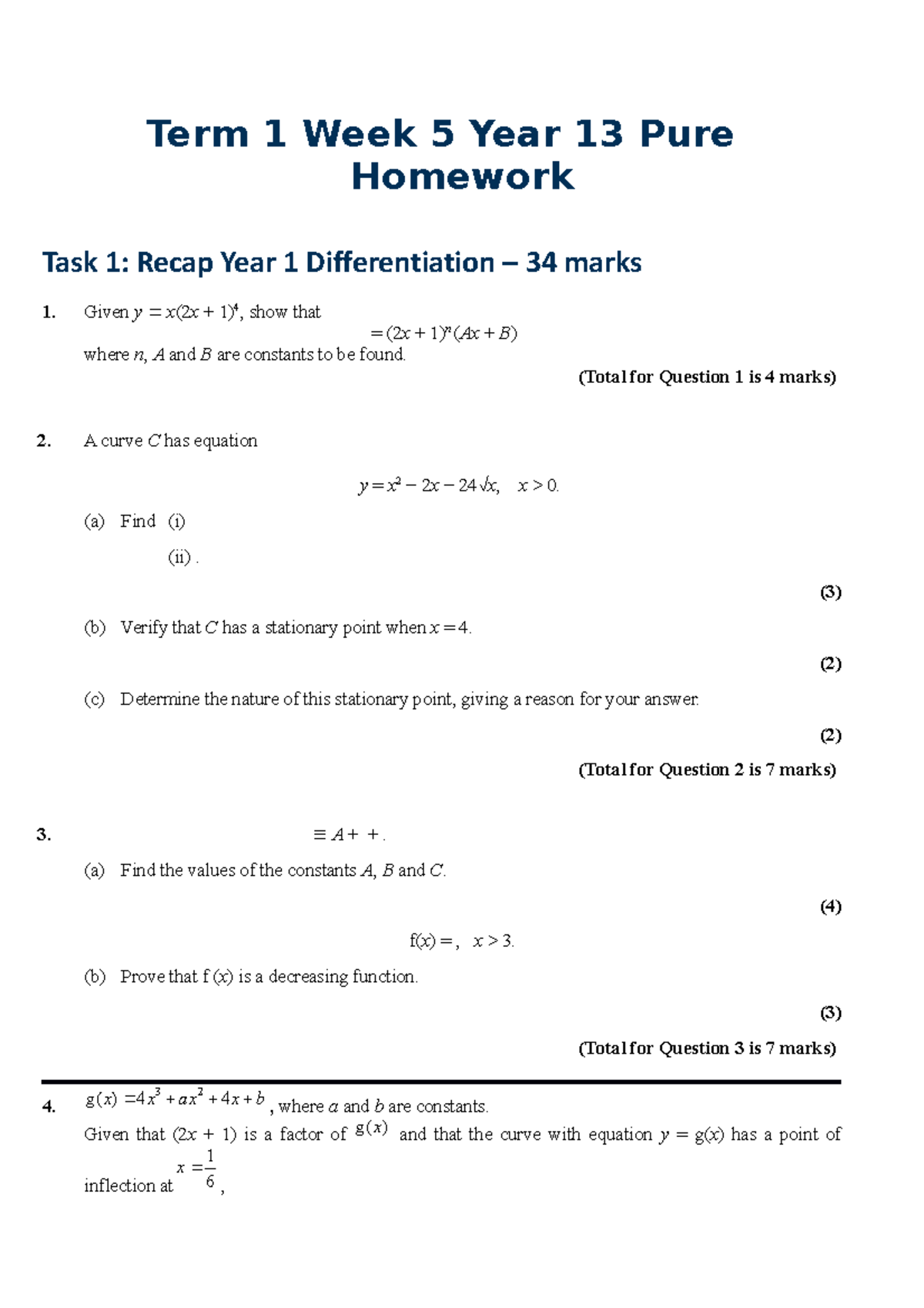 T1 W5 Year 13 Pure HW questions - Term 1 Week 5 Year 13 Pure Homework ...