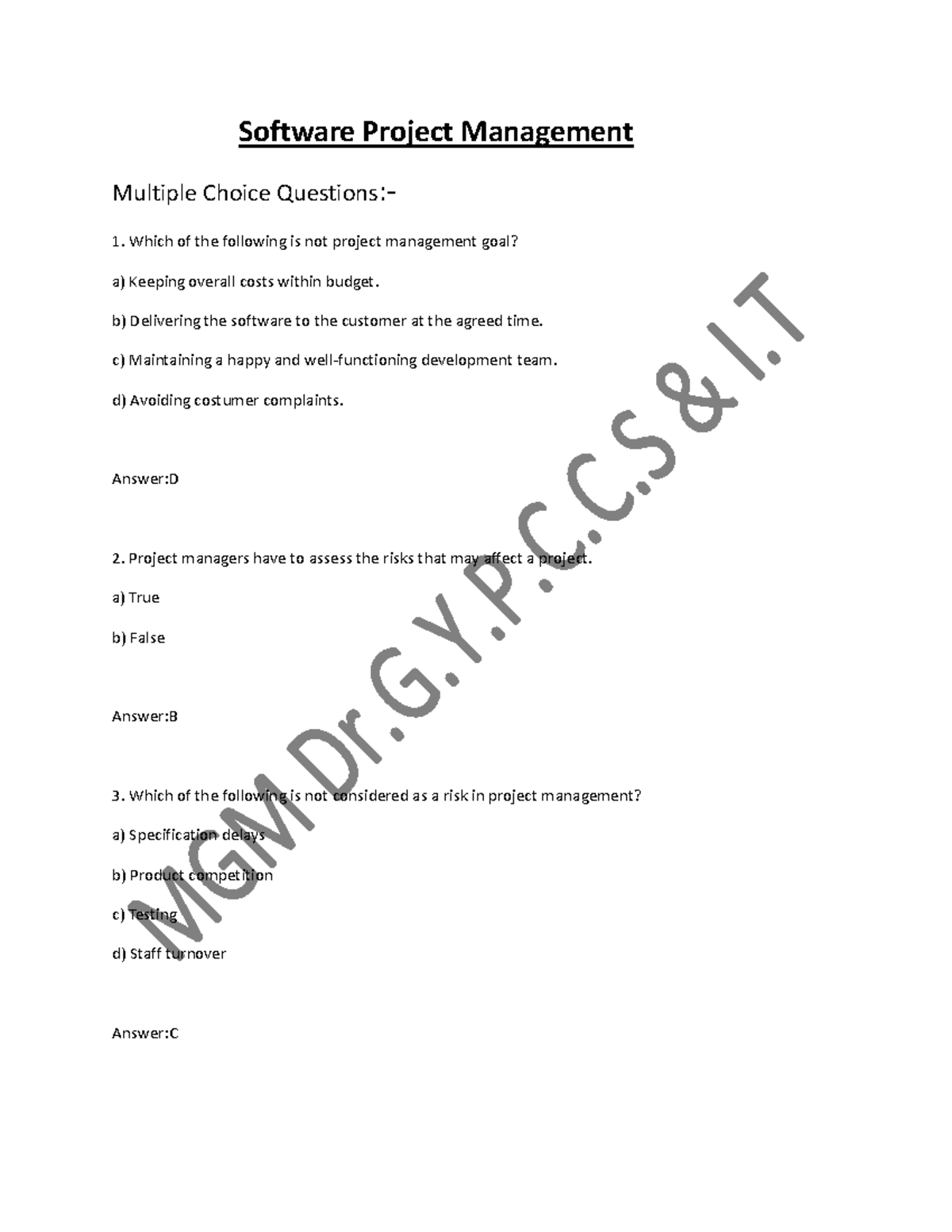 SPM 1 - MCQ of spm - Software Project Management Multiple Choice ...