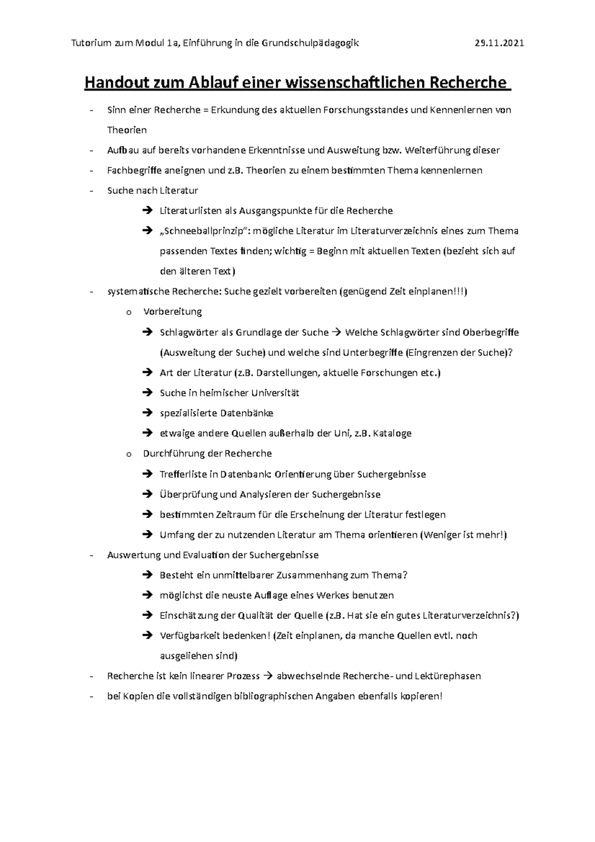 Handout zum Ablauf einer wissenschaftlichen Recherche - Tutorium zum ...