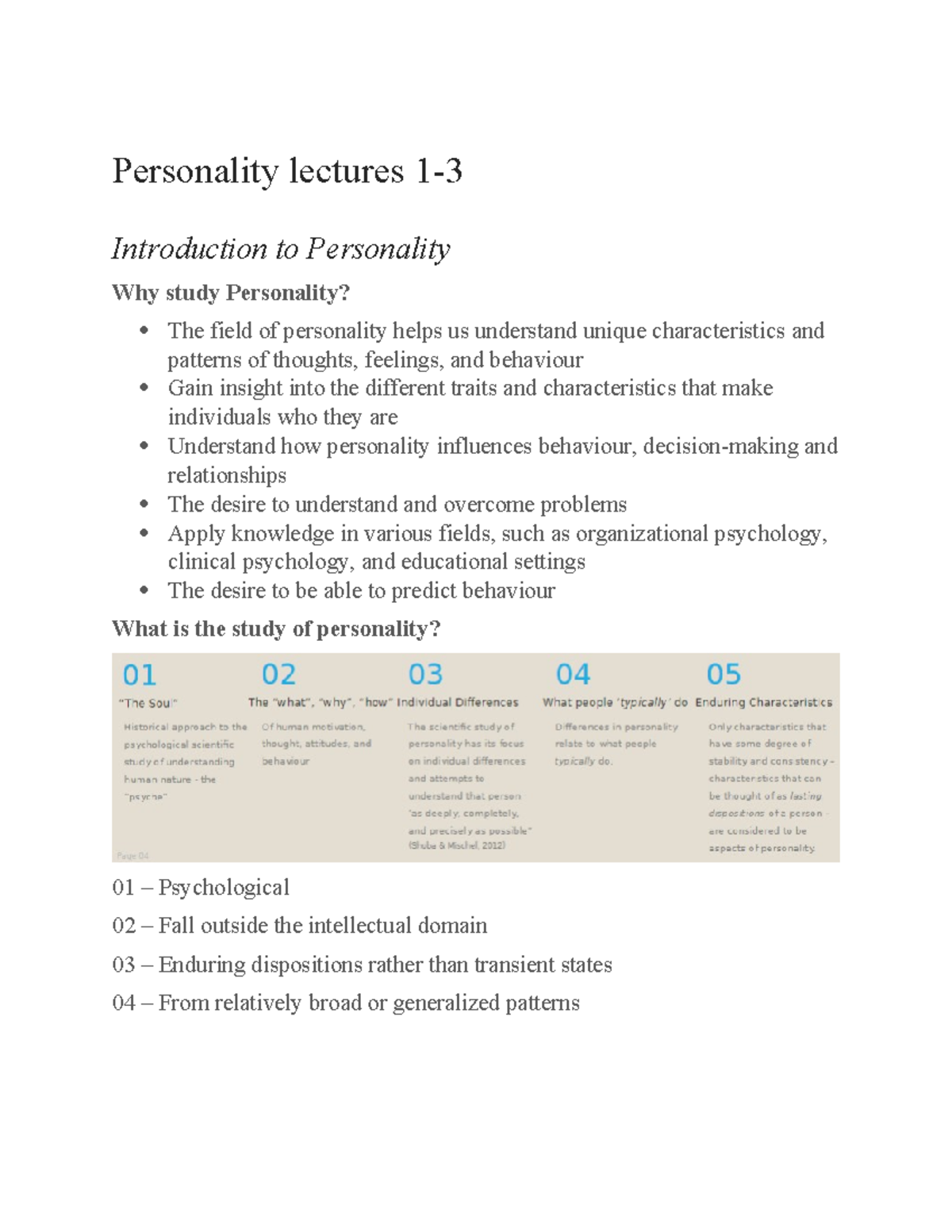 PSCY1001 lecture notes - Personality lectures 1- Introduction to ...