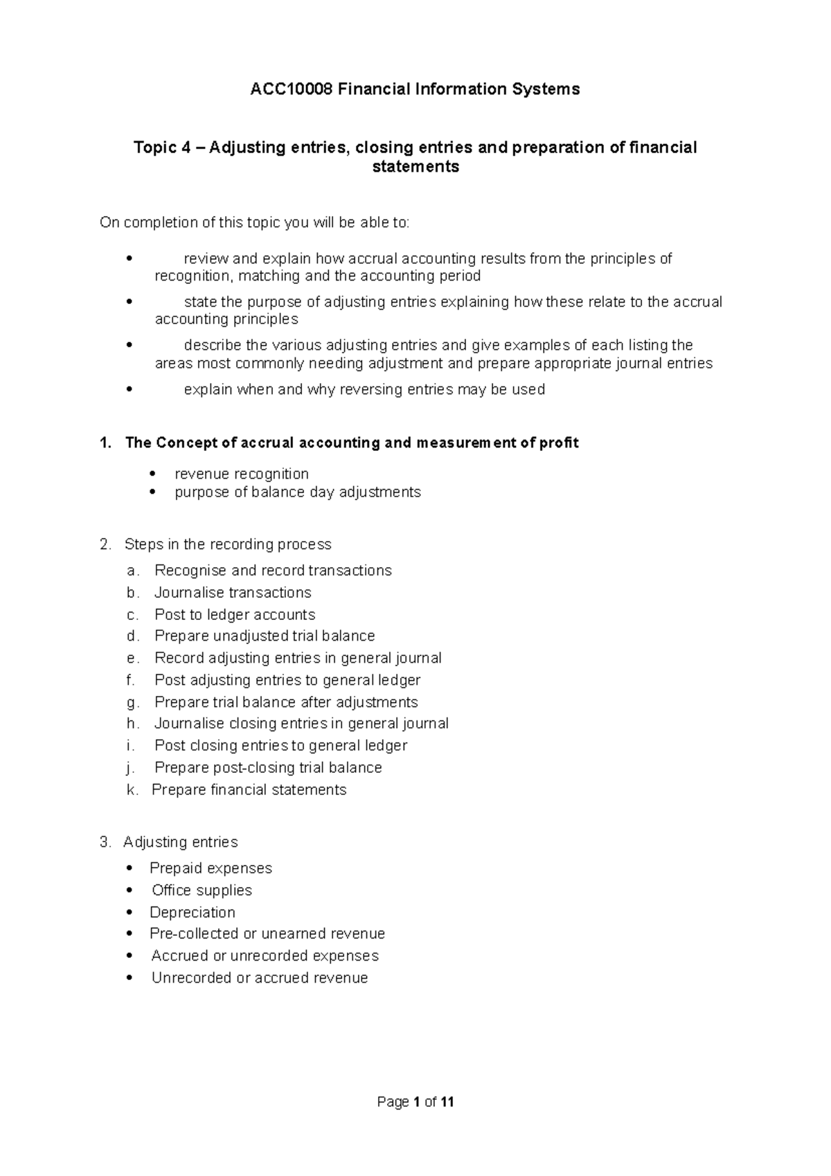 Topic 4 outline - Financial Information Systems Topic 4 Adjusting ...