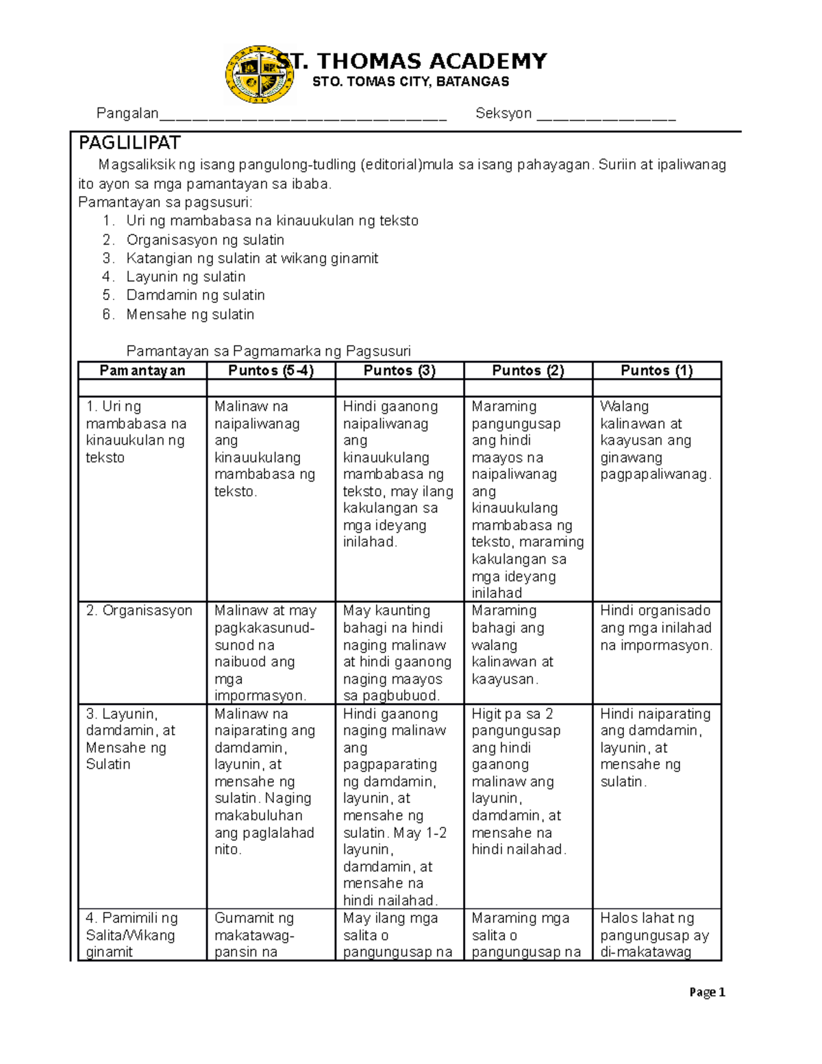 Modyul-1-Instruction-and-Rubric-Output - ST. THOMAS ACADEMY STO. TOMAS ...