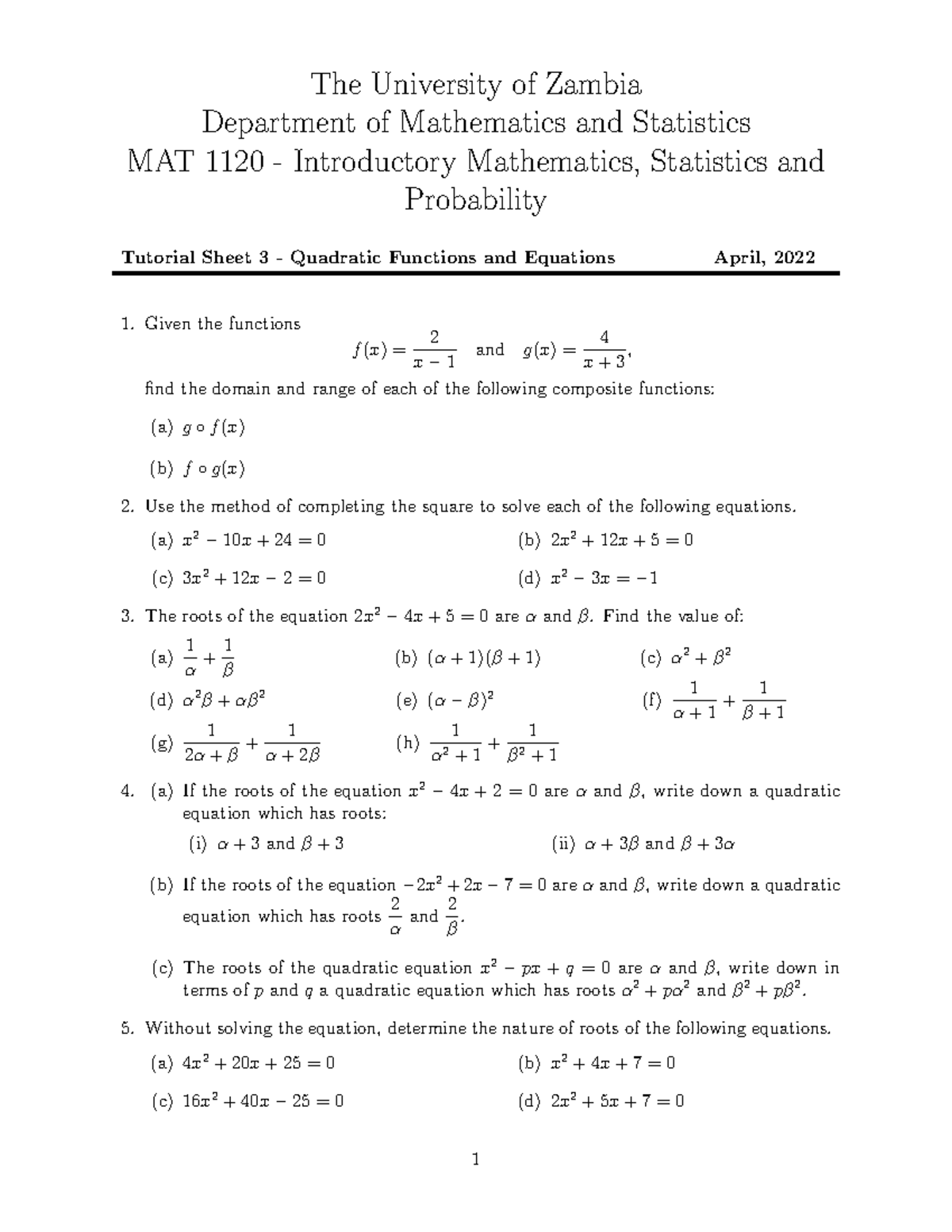 MAT 1120 Tutorial 3 Answers - The University of Zambia Department of ...