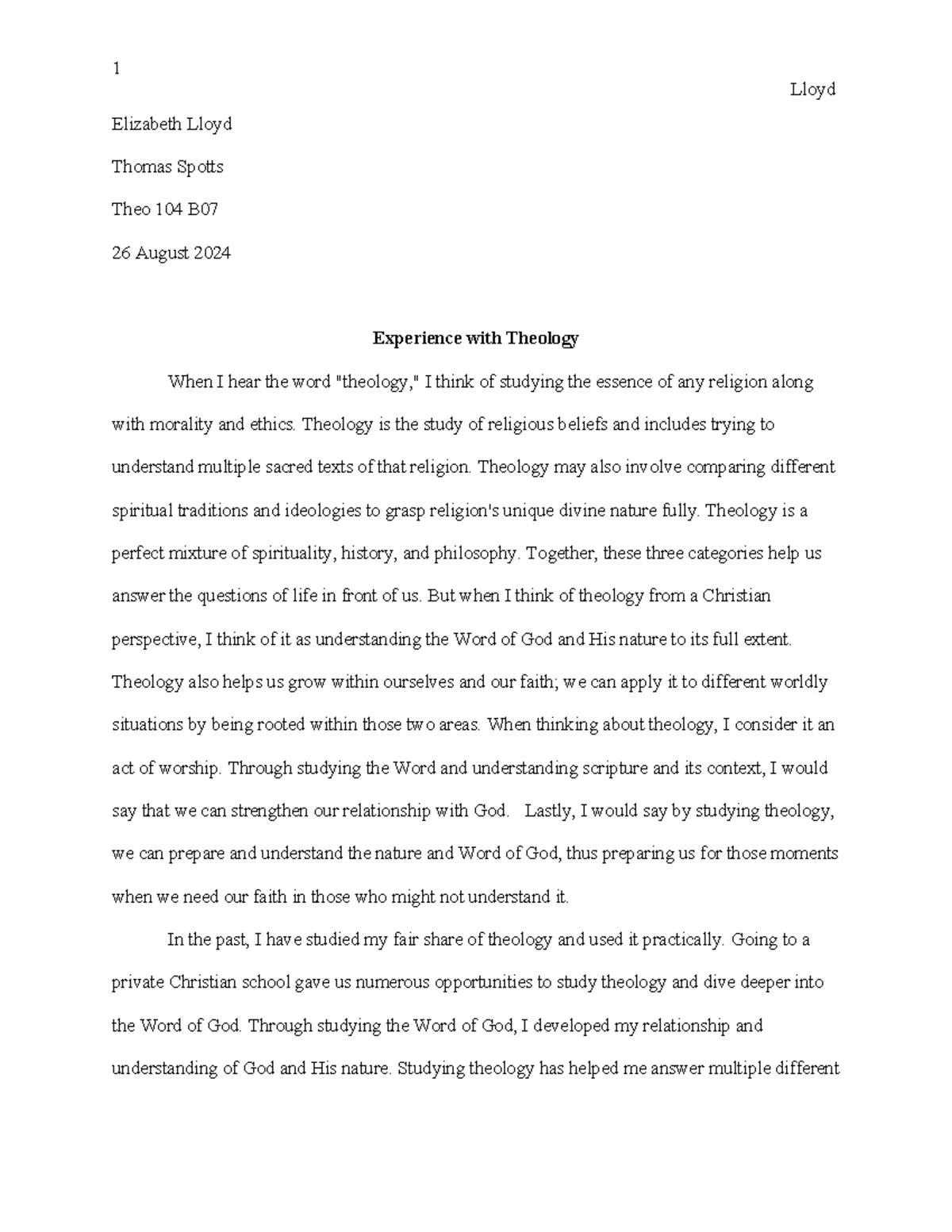 THEO 104 - Essay - Elizabeth Lloyd - 1 Lloyd Elizabeth Lloyd Thomas ...