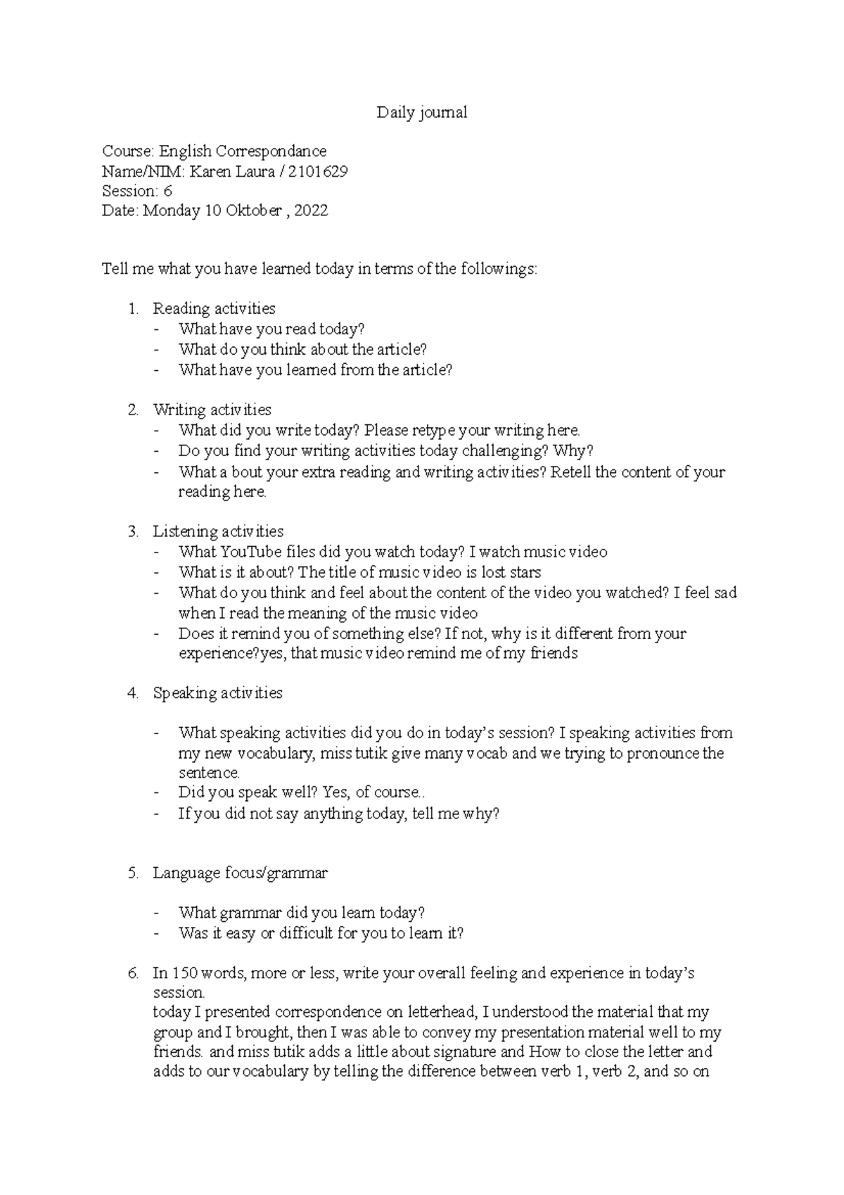 Daily journal at English Course to reflect student's understanding ...