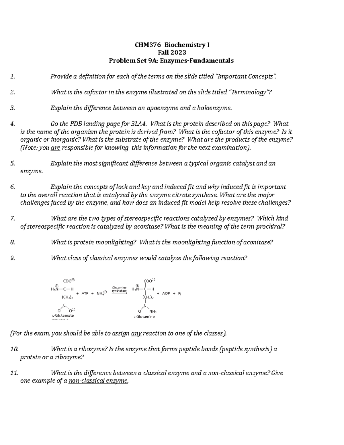 CHM376 Fa23 PS9A - practice sheet for exam practice - CHM376 Biochemistry I Fall 2023 Problem ...