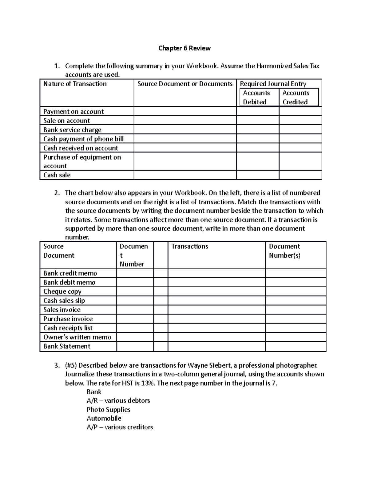 Chapter 6 Review Work - Chapter 6 Review Complete the following summary ...