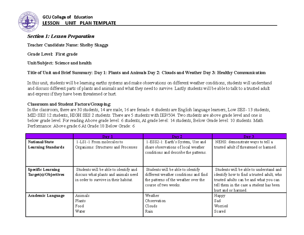ELM 361 Benchmark - Coursework PDF - Section 1: Lesson Preparation Teacher Candidate Name ...
