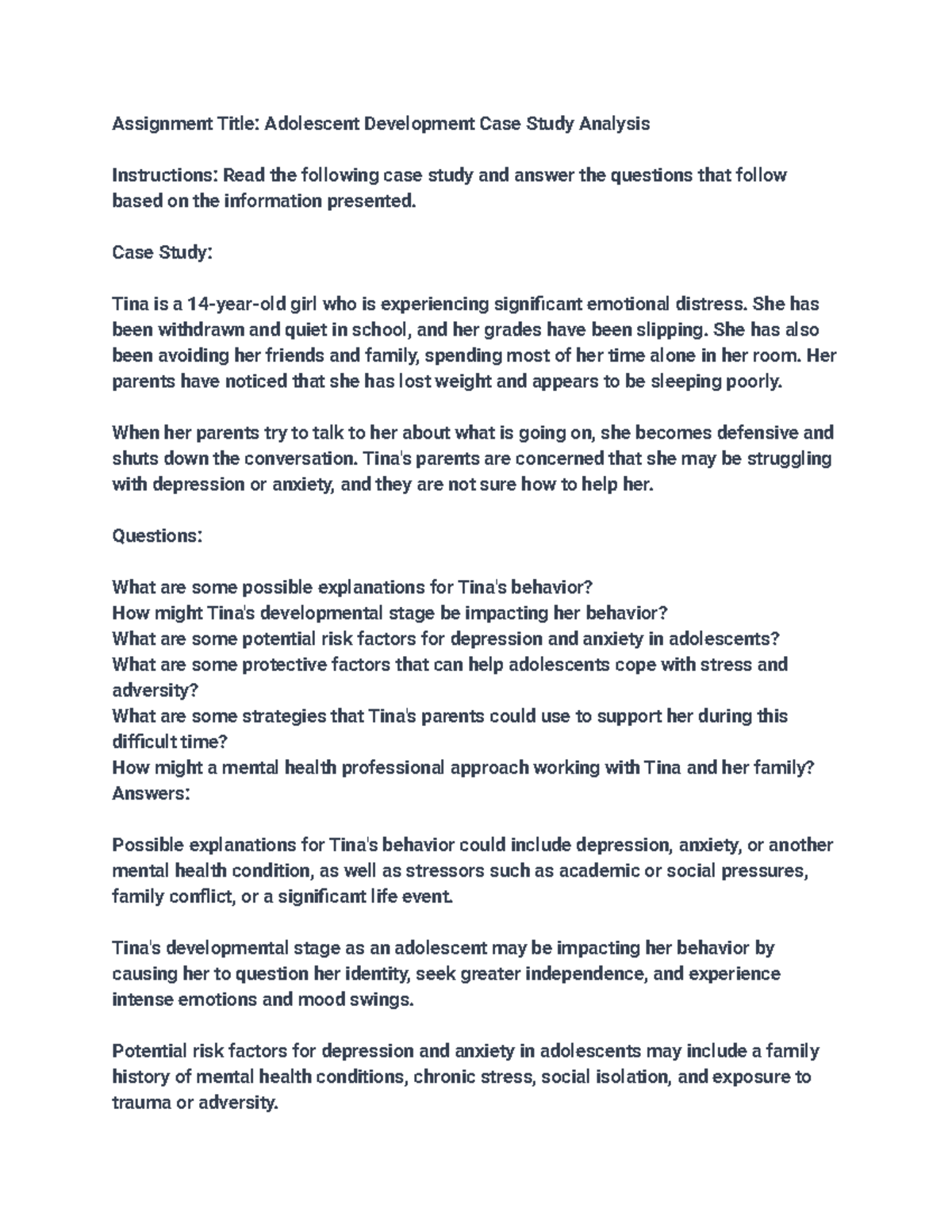 Assignment Title Adolescent Development Case Study Analysis ...