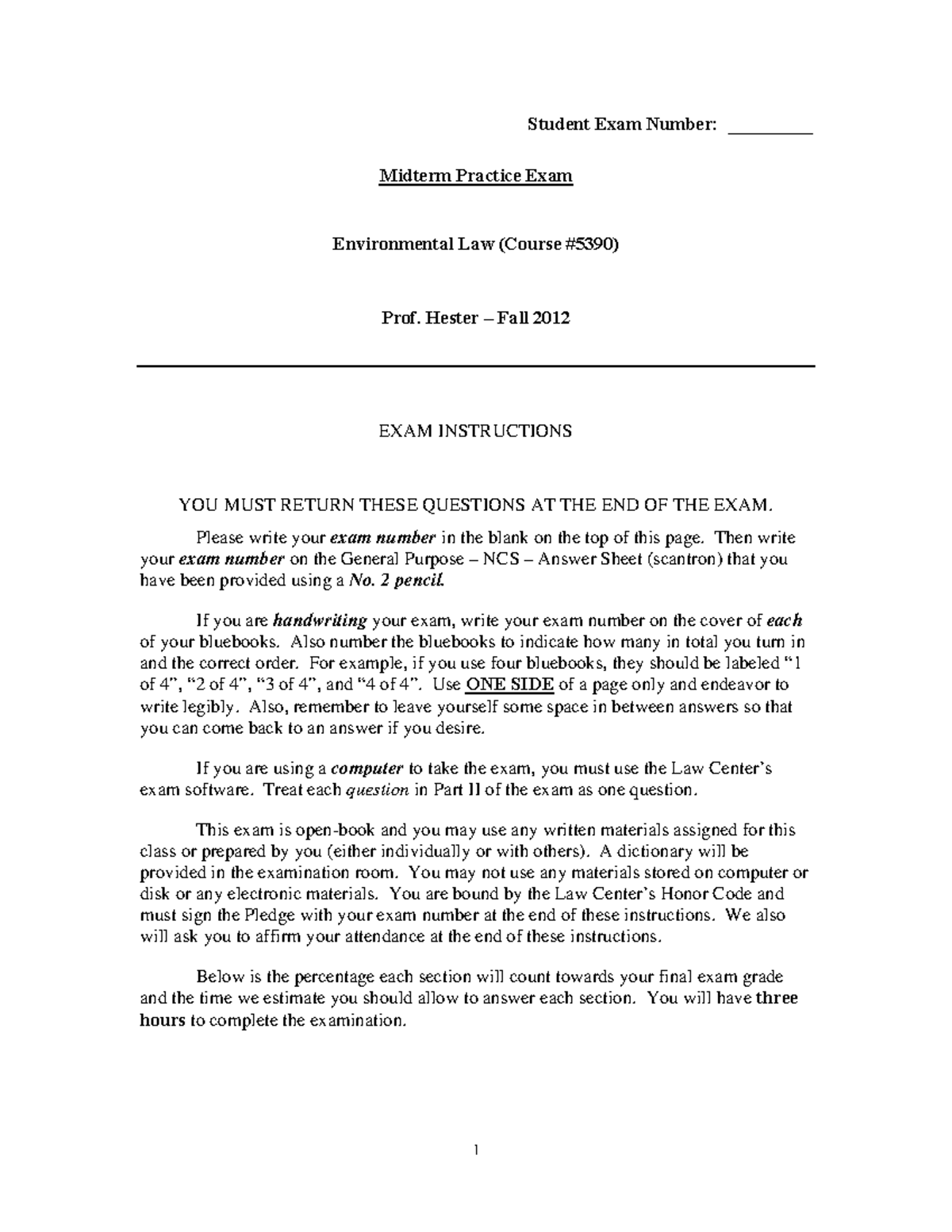 Env Law 2012 Midterm Handout - Student Exam Number: _________ Midterm ...