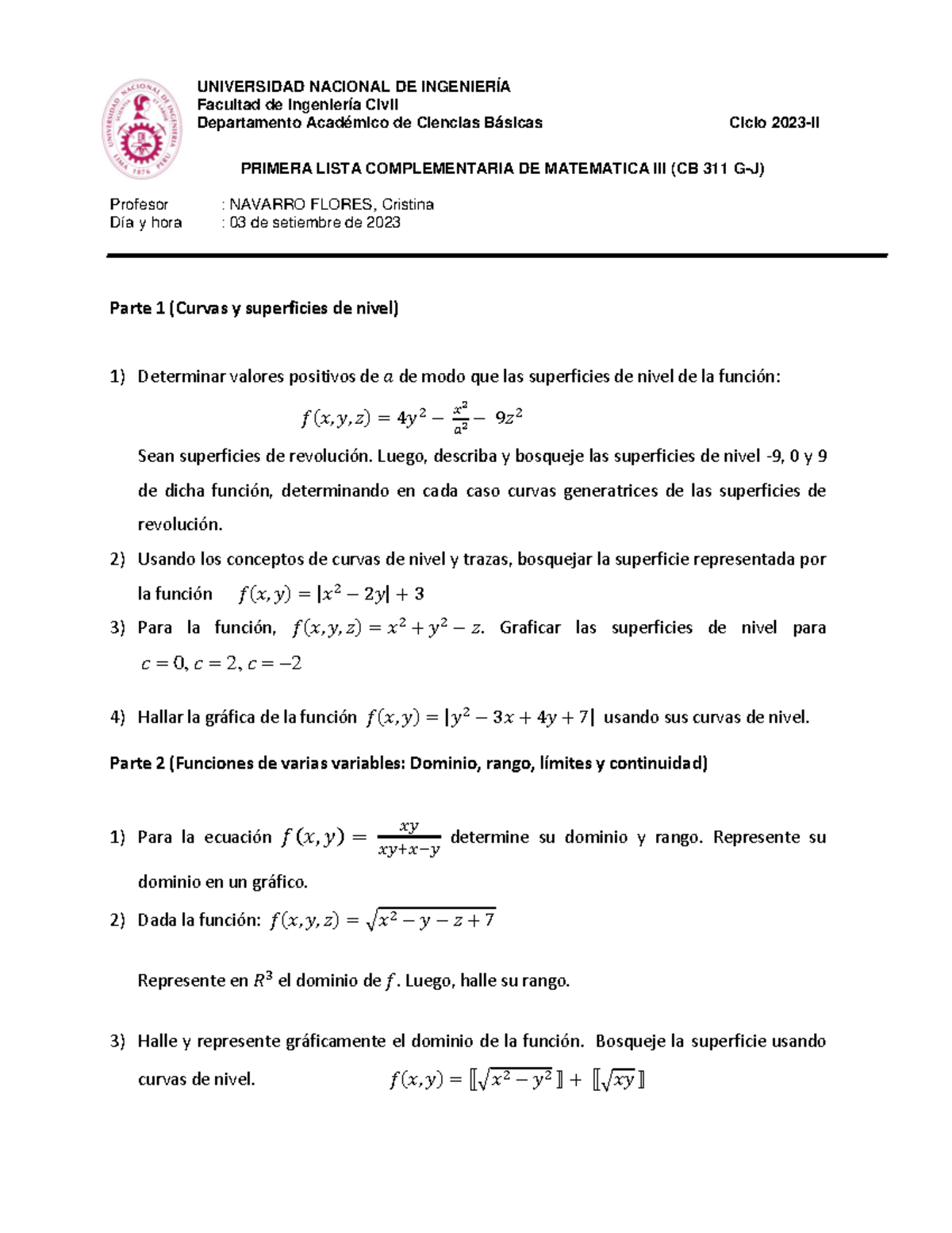 Lista complementaria # 1 - UNIVERSIDAD NACIONAL DE INGENIERÍA Facultad de Ingeniería Civil - Studocu