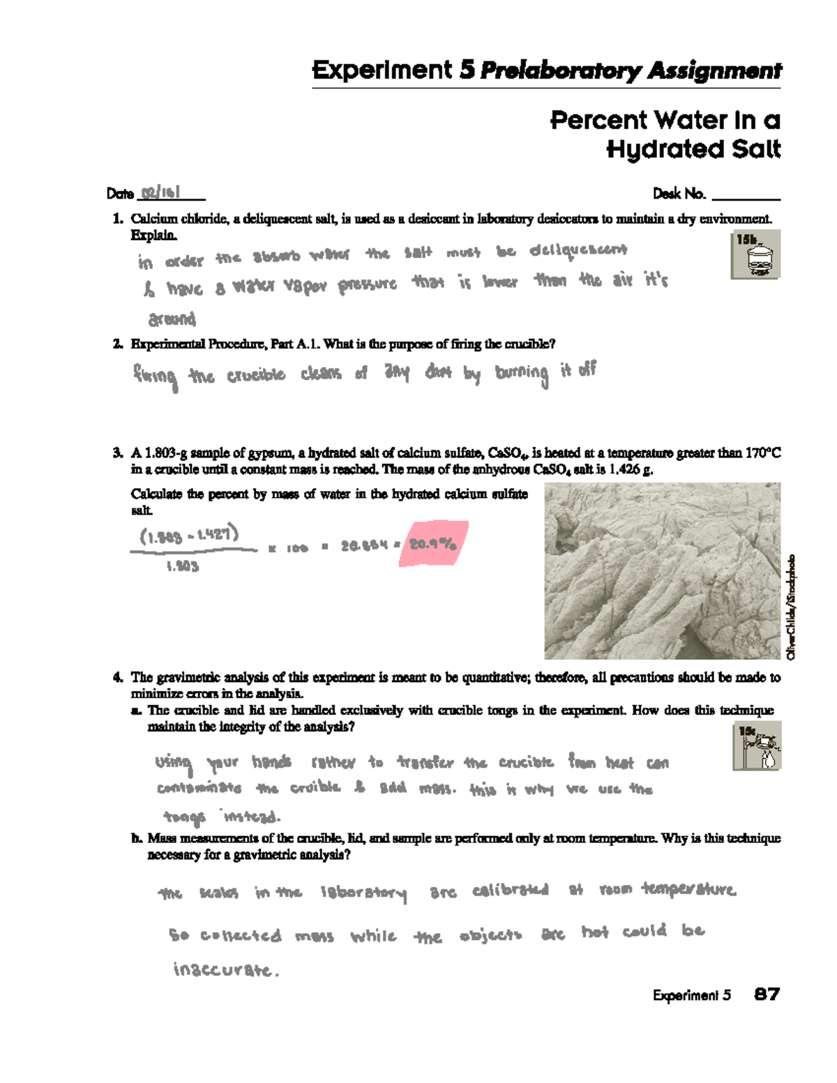 Experiment 5 Percent Water in a Hydrated Salt Assignment - 02 / 16 / i ...