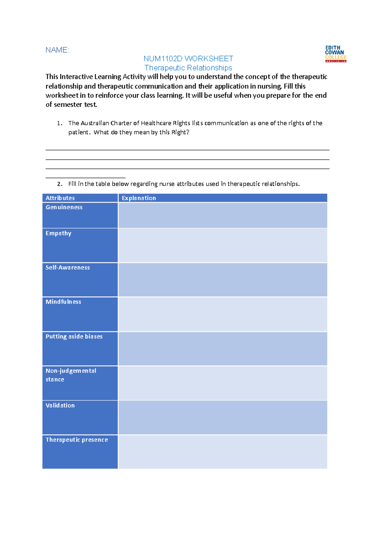Worksheet Week 5A - NAME: NUM1102D WORKSHEET Therapeutic Relationships ...